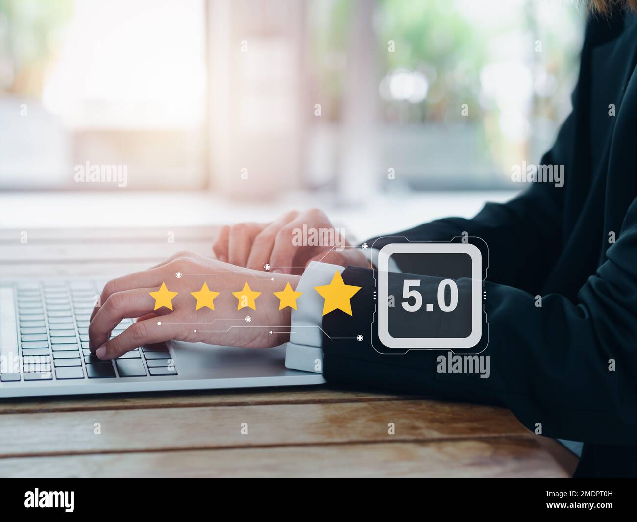 Customer review, satisfaction, survey concepts. Five stars rating and 5 points appear when ...