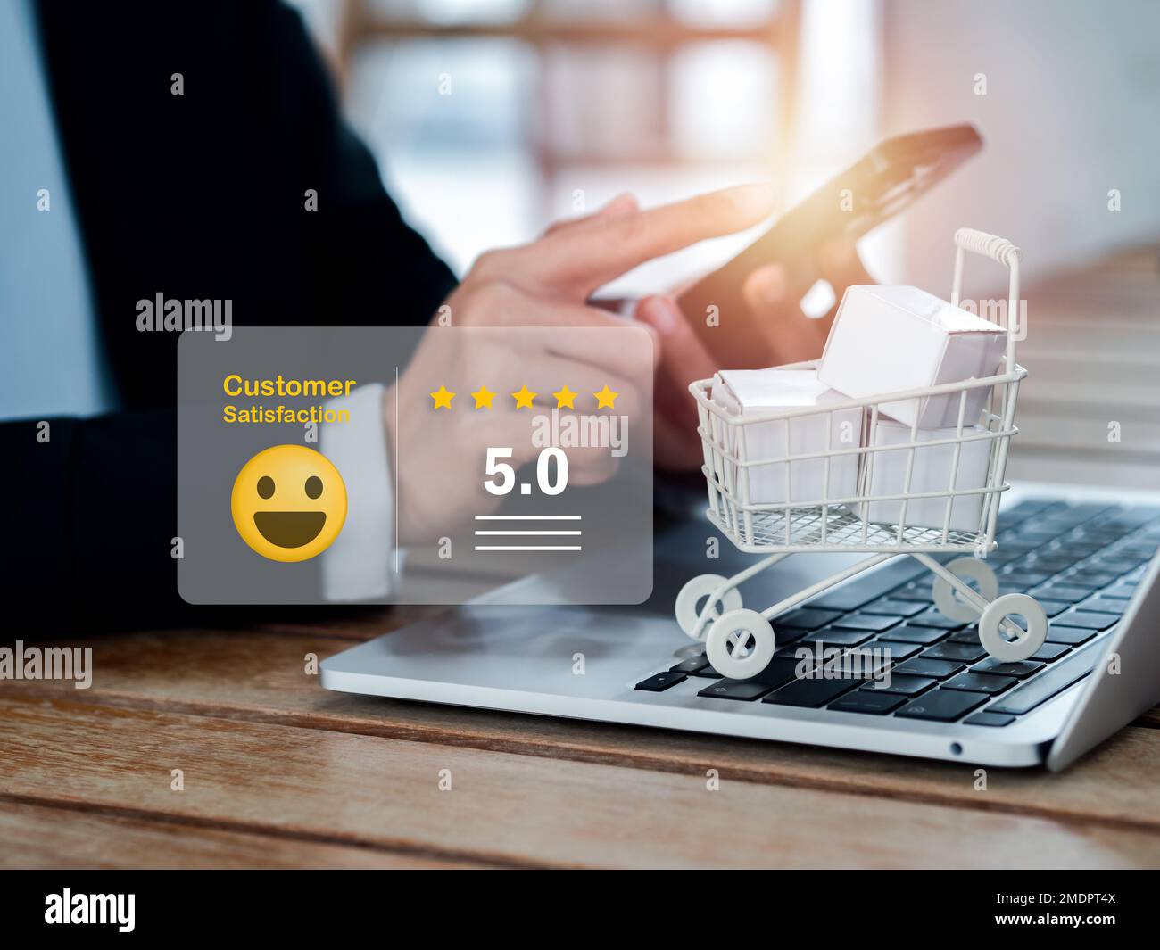 Customer review, satisfaction, feedback, survey concepts. Five stars, 5 point rating with smile ...