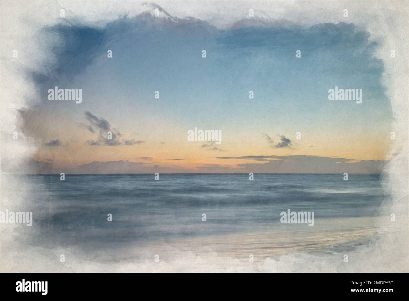 A digital watercolor painting of the sea at golden hour, as dawn starts ...