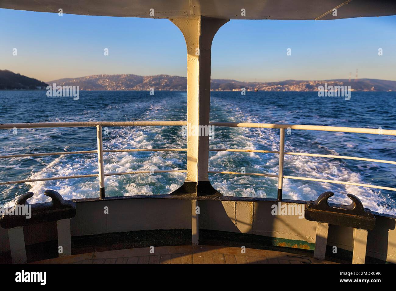 View from the stern of a ferry, trip, journey on the Bosporus, Sariyer ...