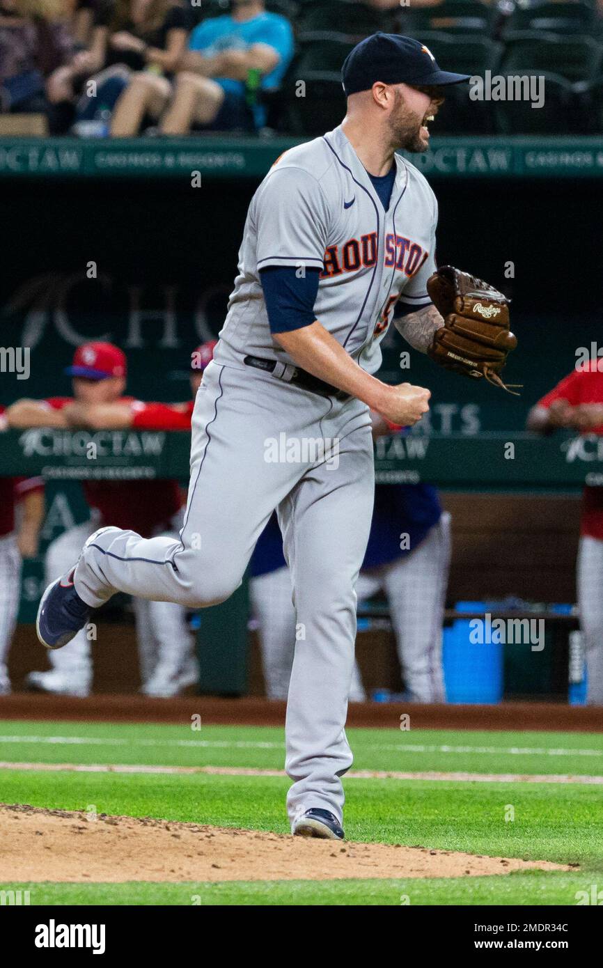 Houston Astros relief pitcher Ryan Pressly celebrates after Texas ...