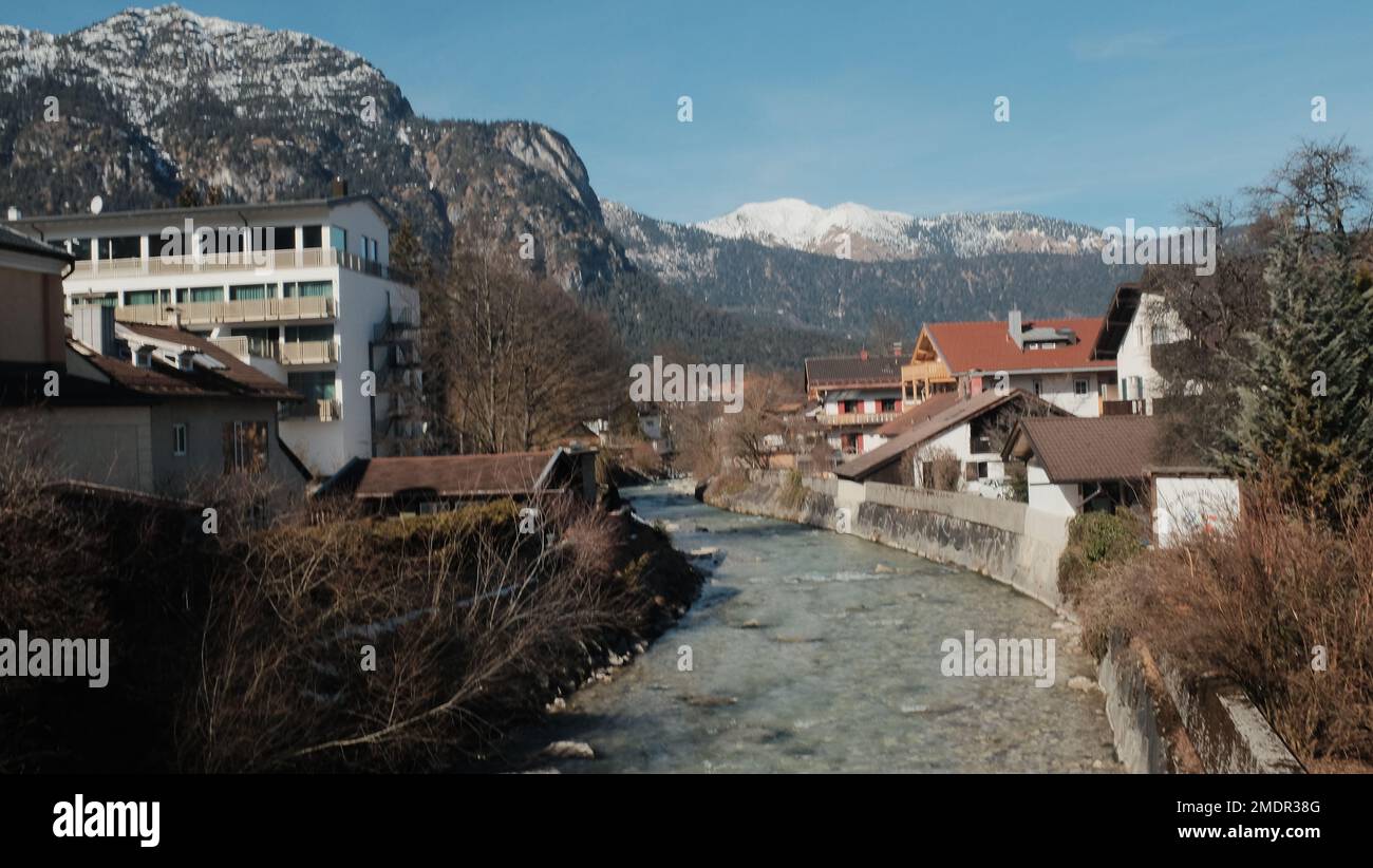 A river and a mountain view in Germany, in the city of Garmisch ...
