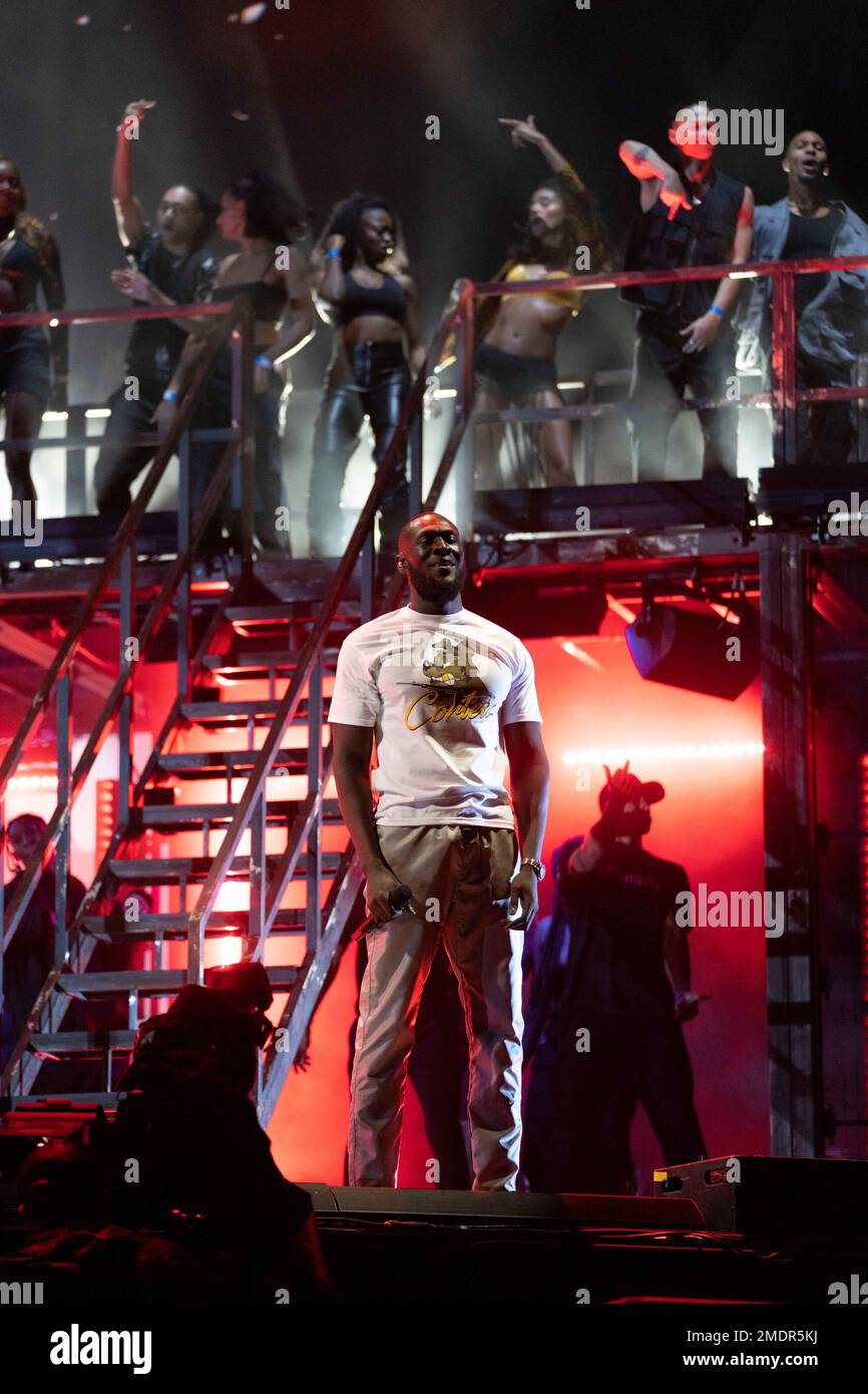 Stormzy performs at the Reading Music Festival, England, Friday, Aug ...