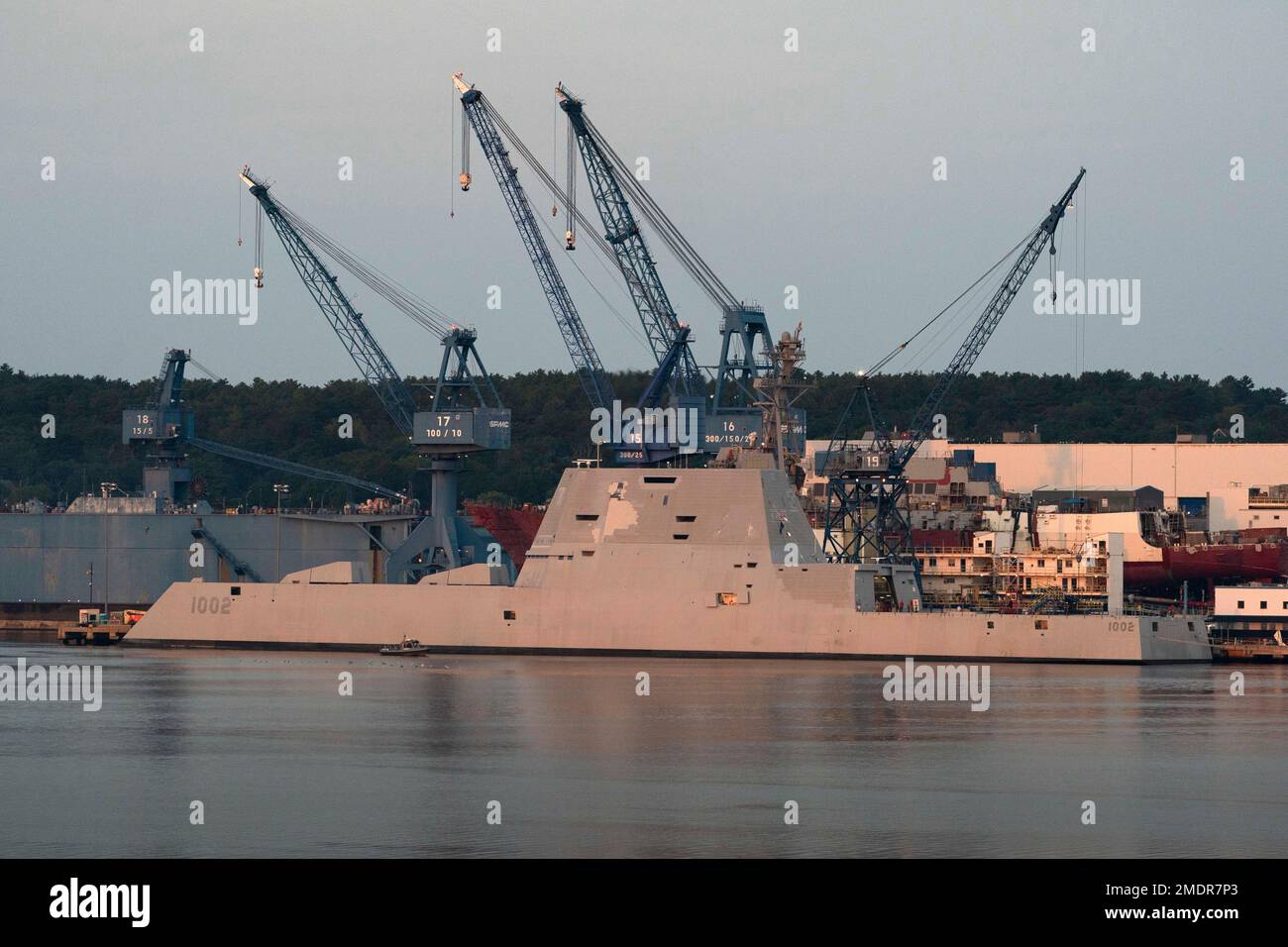 The USS Lyndon B. Johnson is docked at Bath Iron Works on the Kennebec ...