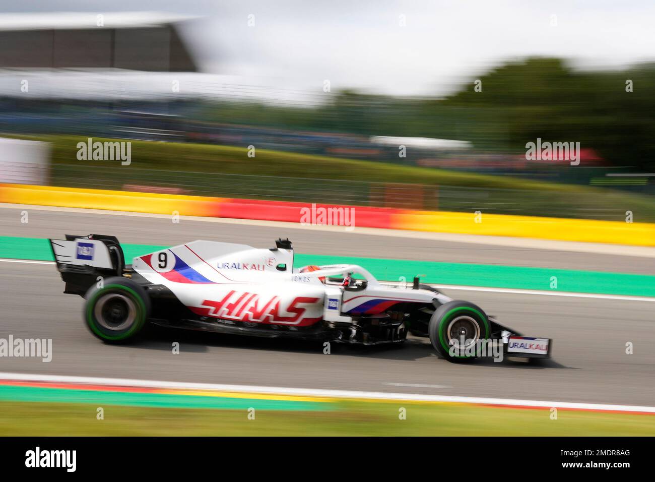 Haas driver Nikita Mazepin of Russia steers his car during the first ...