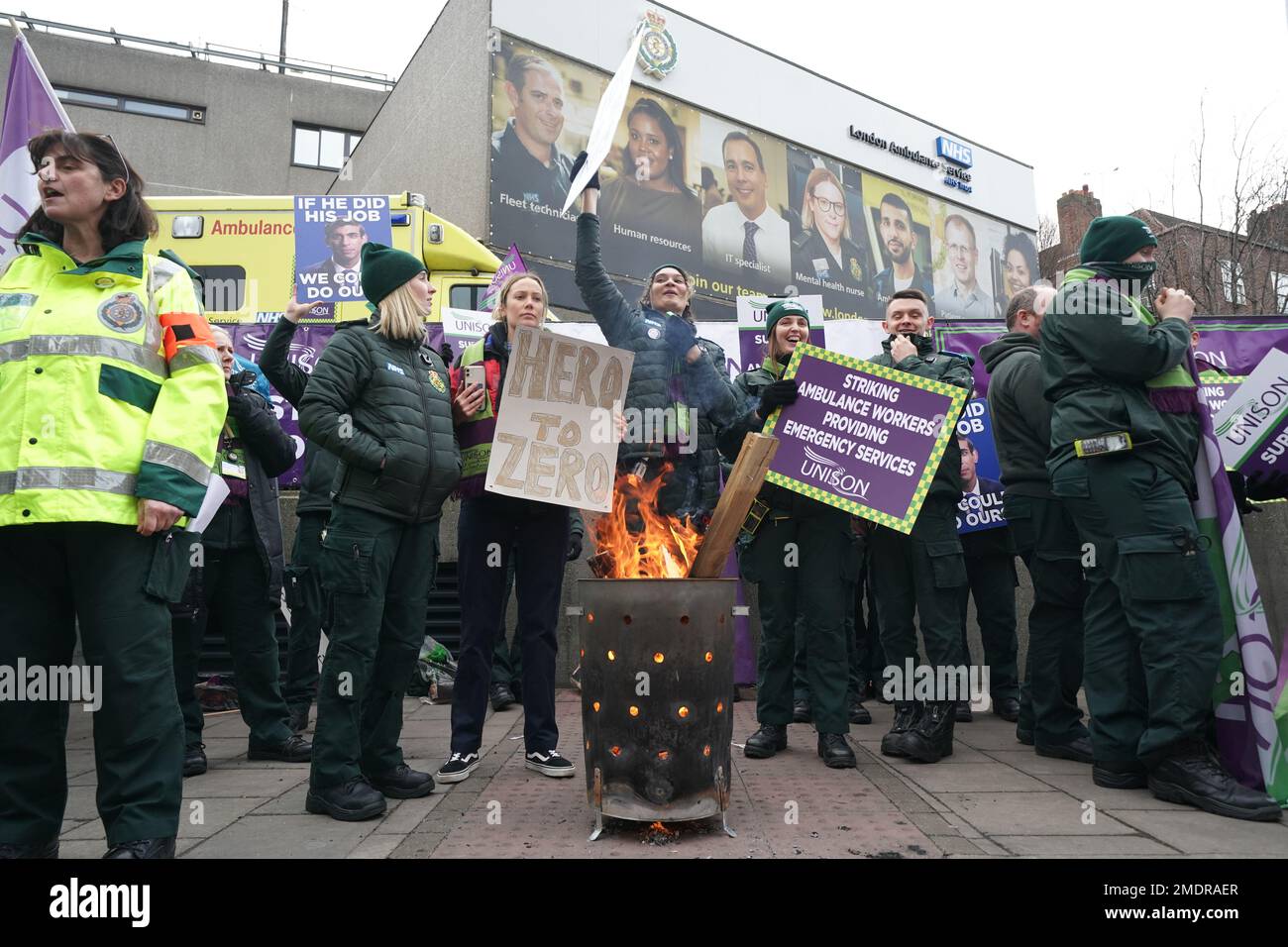 Ambulance workers on the picket line outside London Ambulance Service ...