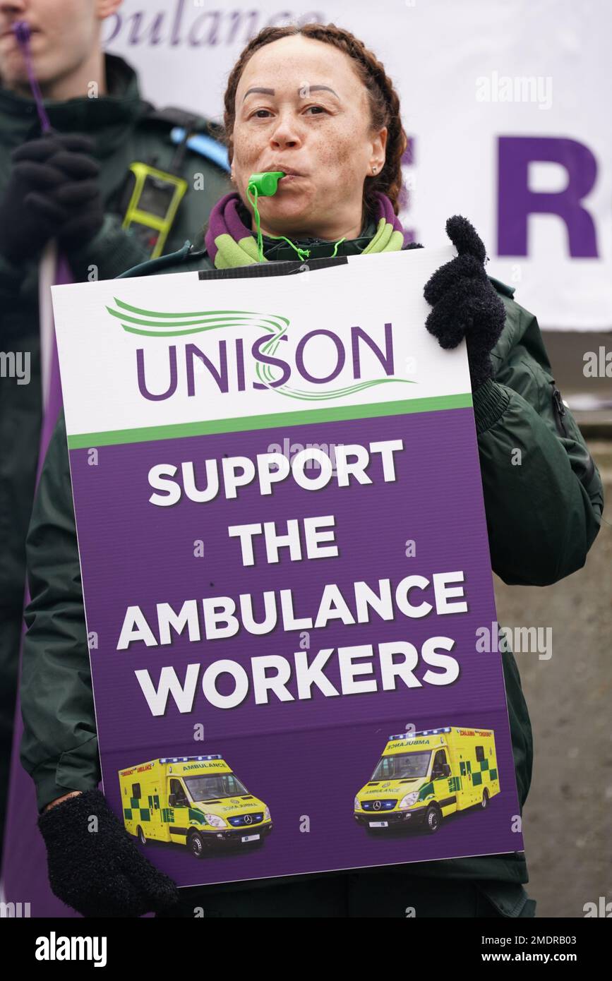 An ambulance worker on the picket line outside London Ambulance Service ...