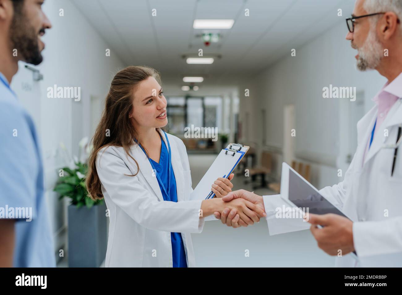Doctors greetings and shaking hands at hospital corridor Stock Photo ...
