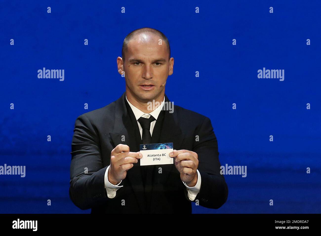 Serbian soccer player Branislav Ivanovic shows the name of Atalanta ...