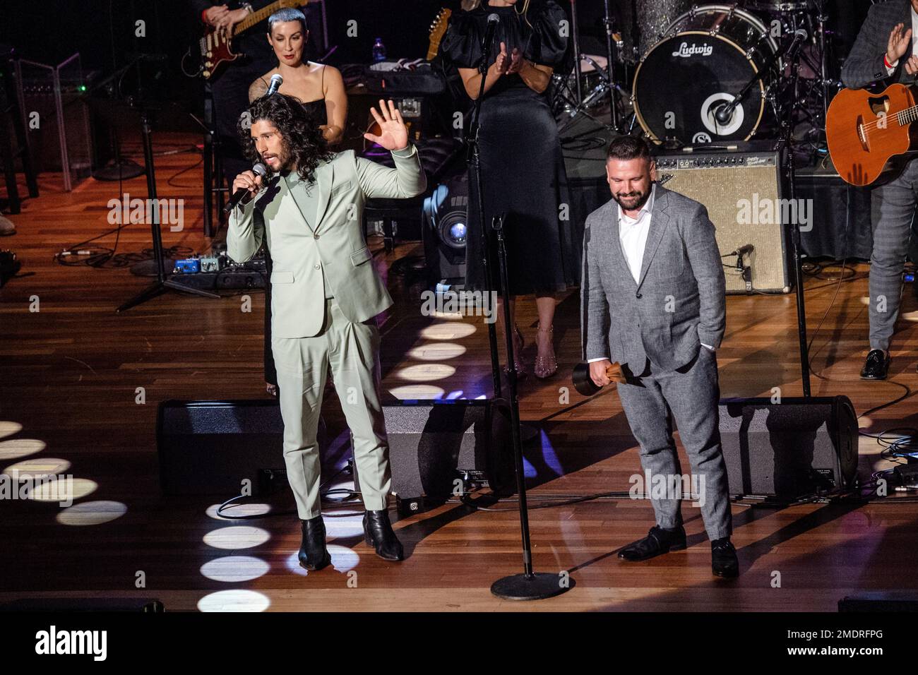 Dan Smyers, left, and Shay Mooney of Dan + Shay accept the Jim Reeves ...