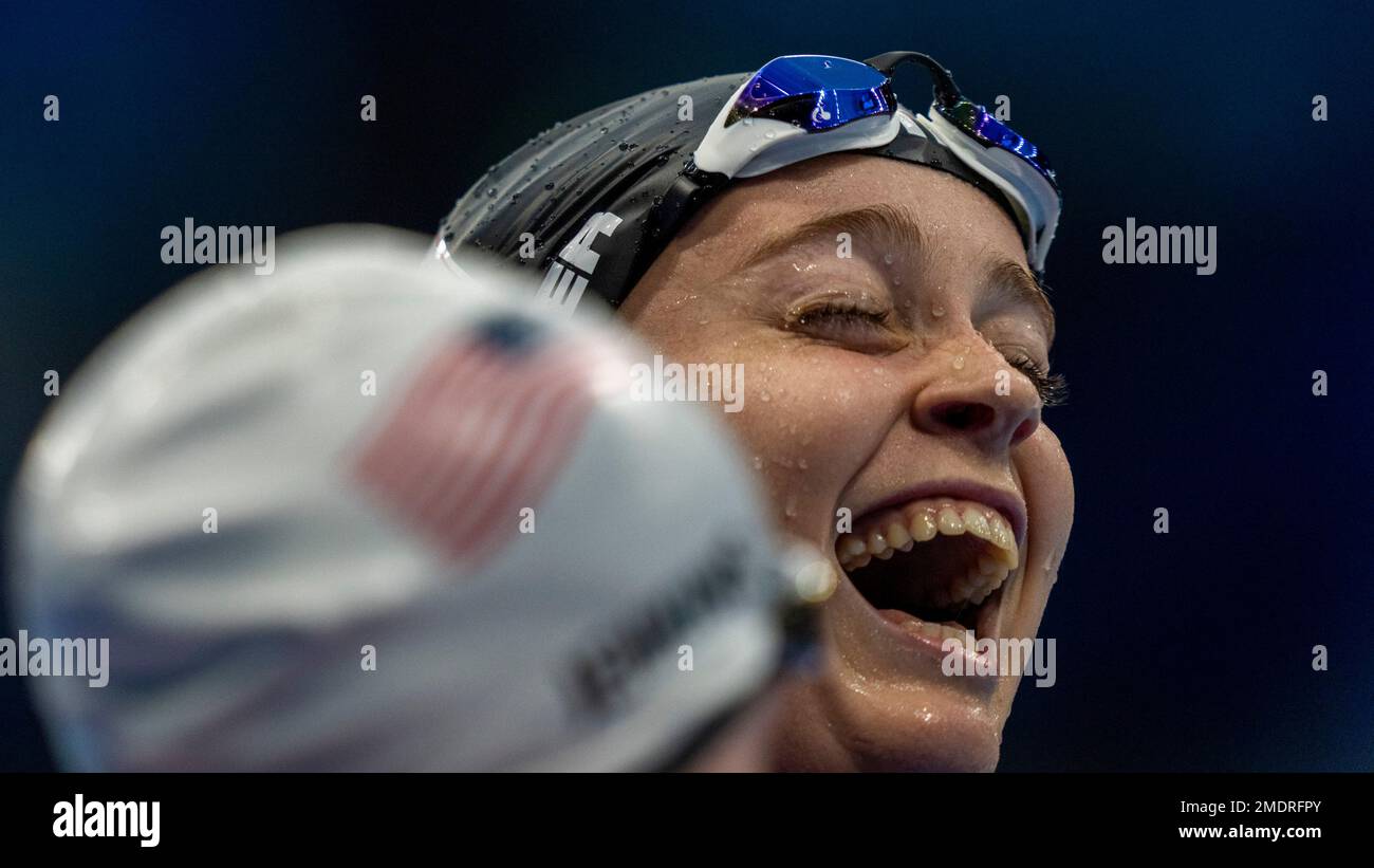 Lisa Kruger, from Netherland, reacts after bating a record at Women's ...