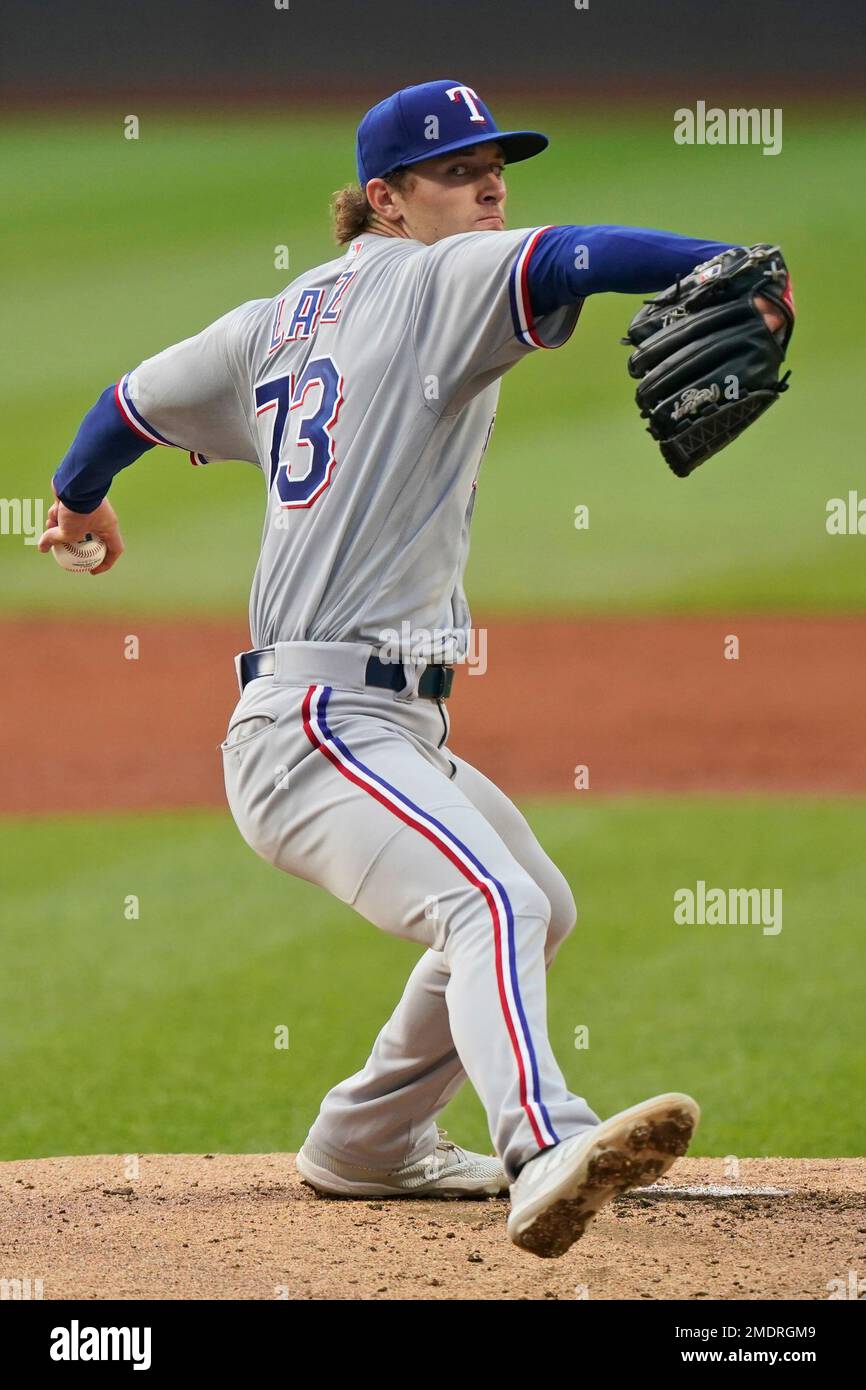 Texas Rangers starting pitcher Jake Latz delivers in the first inning ...