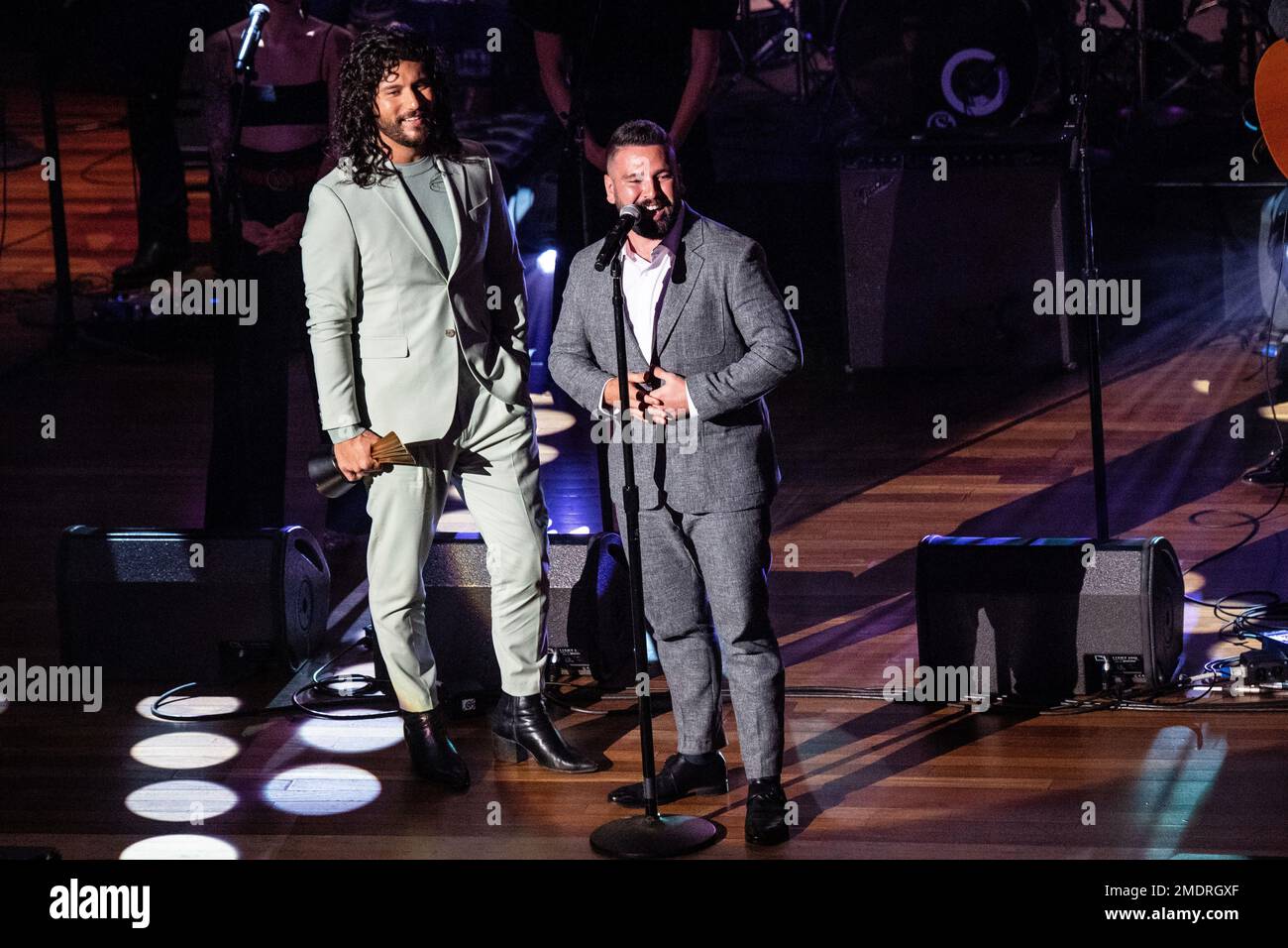 Dan Smyers, left, and Shay Mooney of Dan + Shay accept the Jim Reeves ...