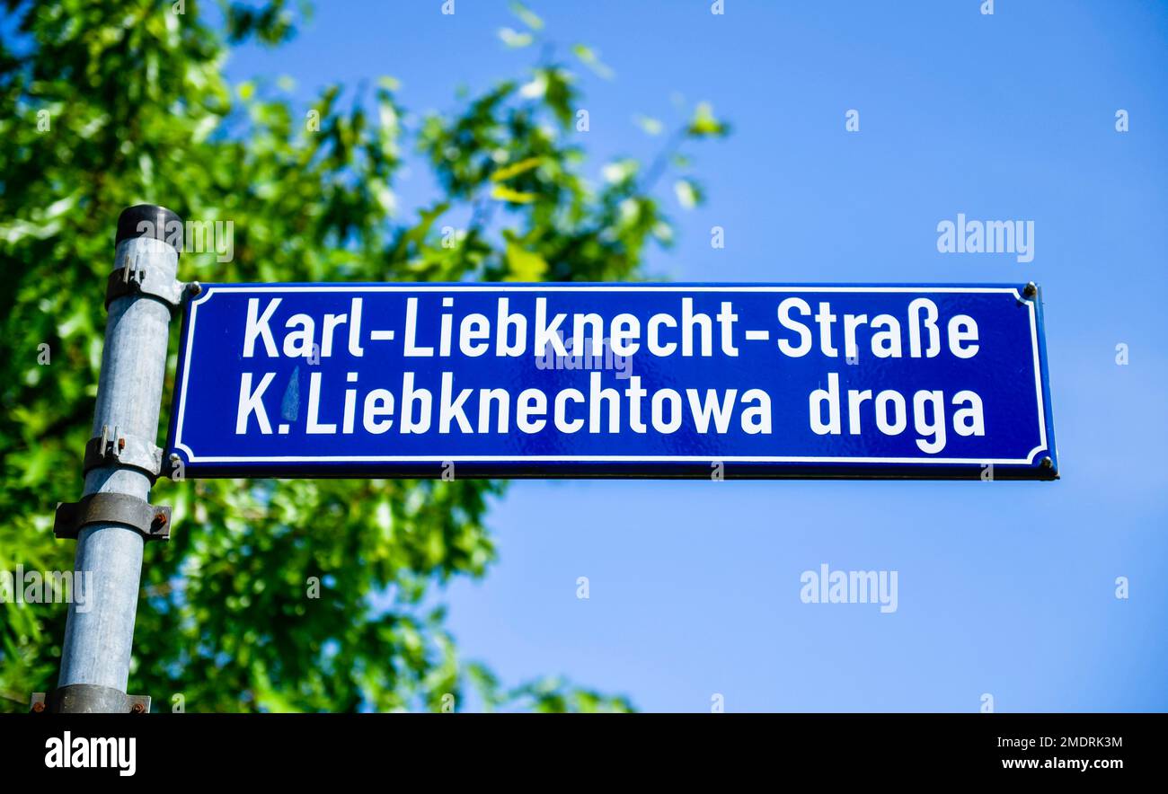 Multilingual street sign Sorbian and German, Karl-Liebknecht-Strasse ...