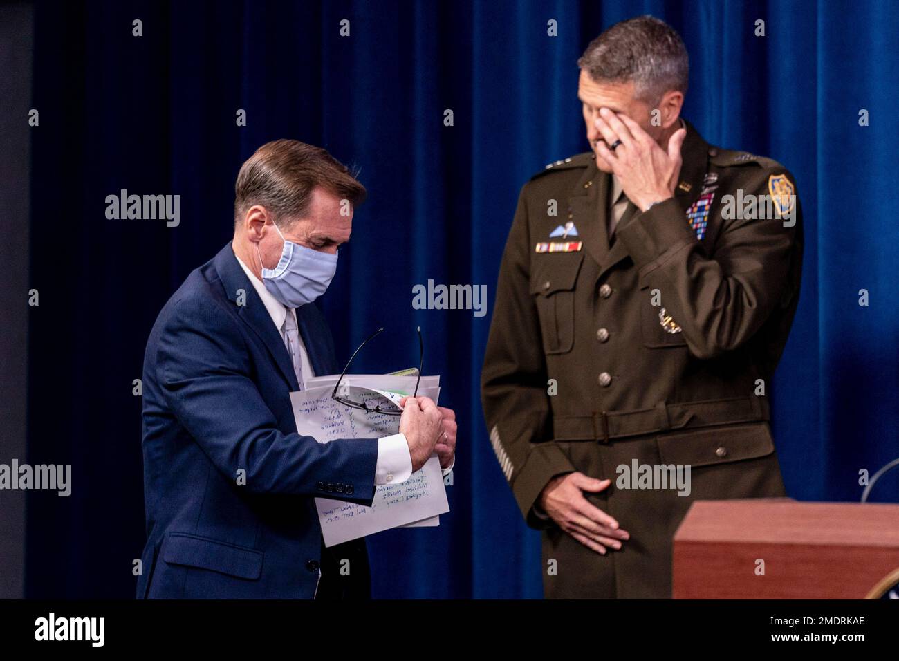 Pentagon spokesman John Kirby, left, accompanied by U.S. Army Major Gen ...