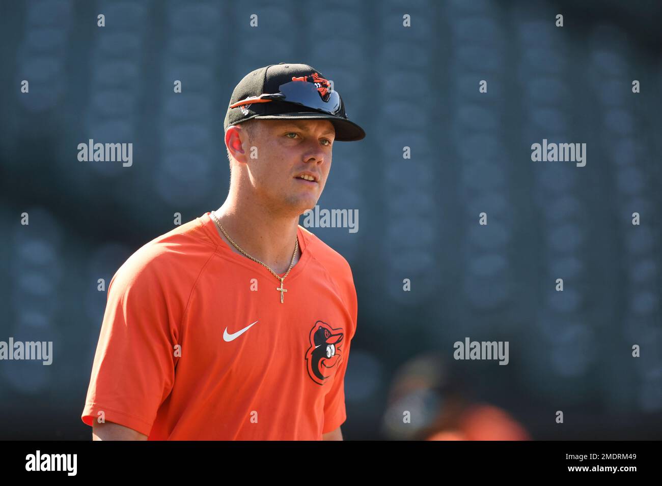 Baltimore Orioles' Ryan Mountcastle looks on during batting practice ...