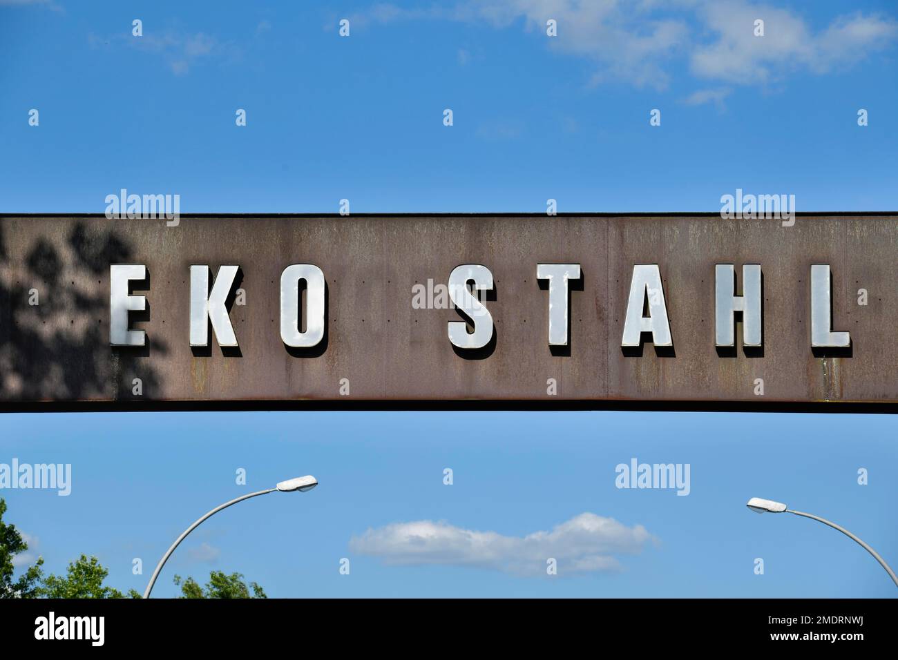 Logo EKO Stahl, factory gate Arcelor Mittal steelworks, B112 ...