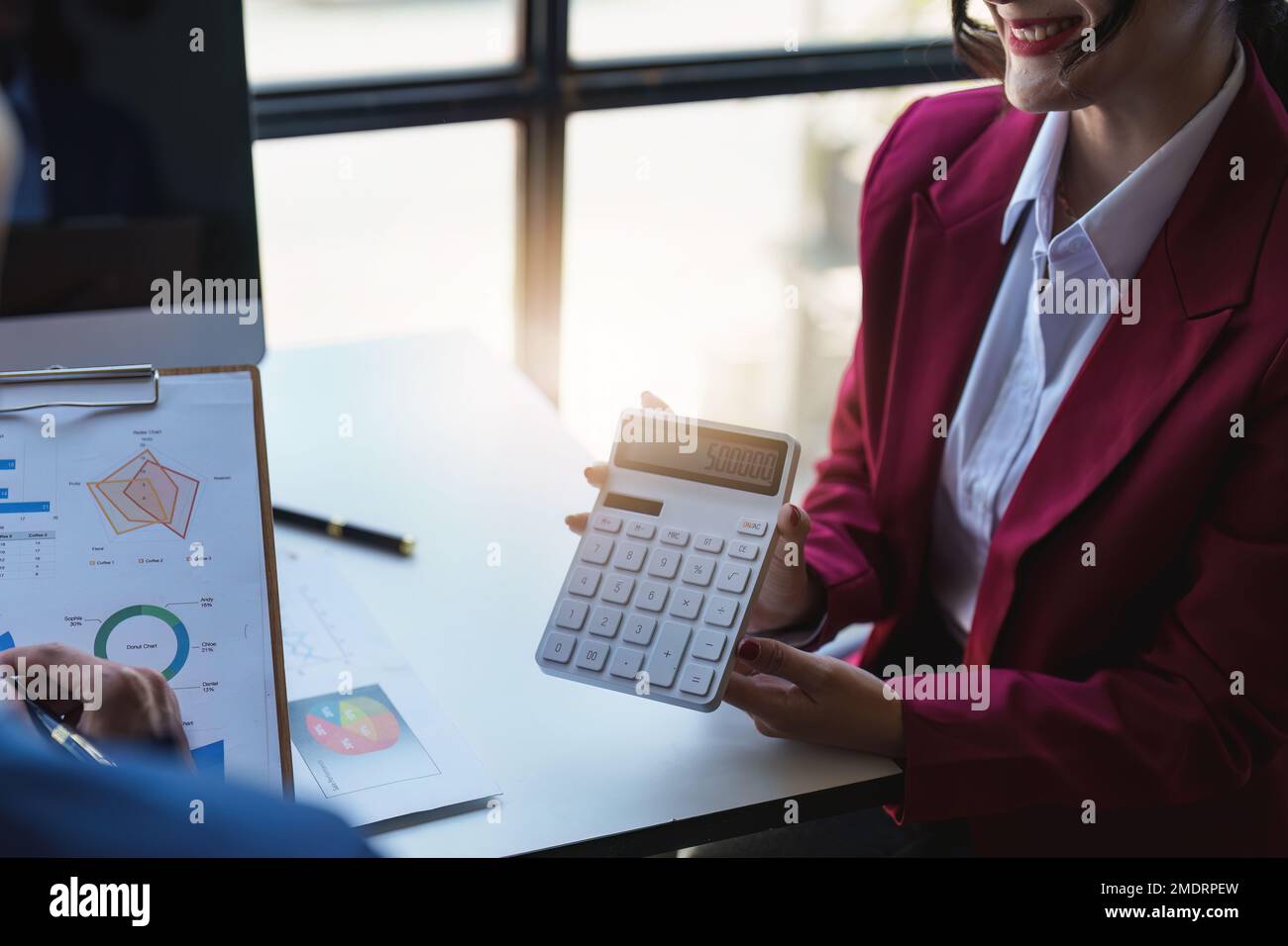 Beautiful business woman consultant talking with asian business person ...