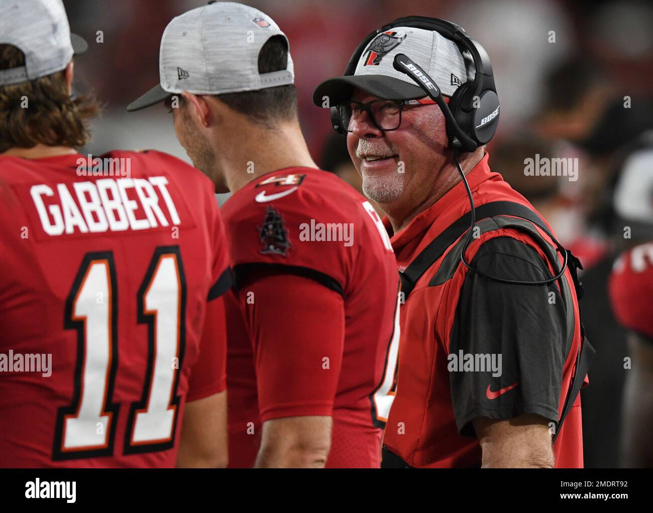 Tampa Bay Buccaneers head coach Bruce Arians talks to quarterback ...