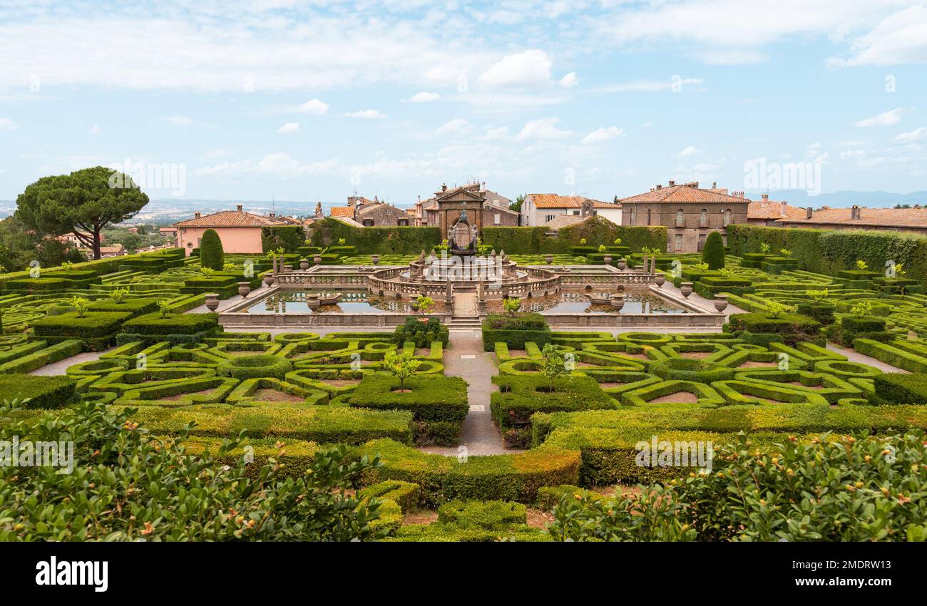 outdoor garden of villa lante, Viterbo, italy. with statues carved in ...