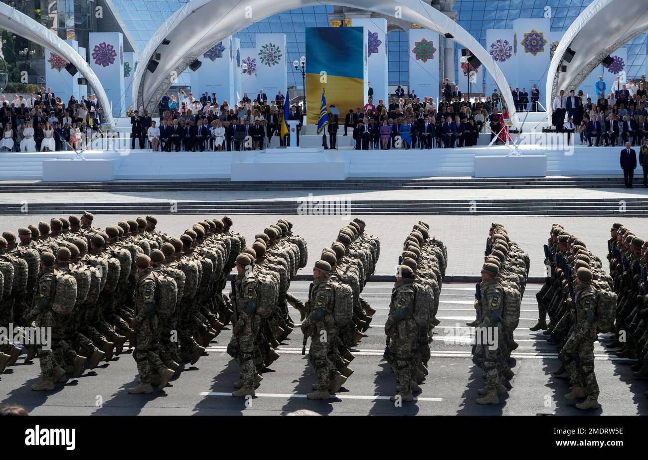 Ukrainian soldiers march along main Khreshchatyk Street during a ...