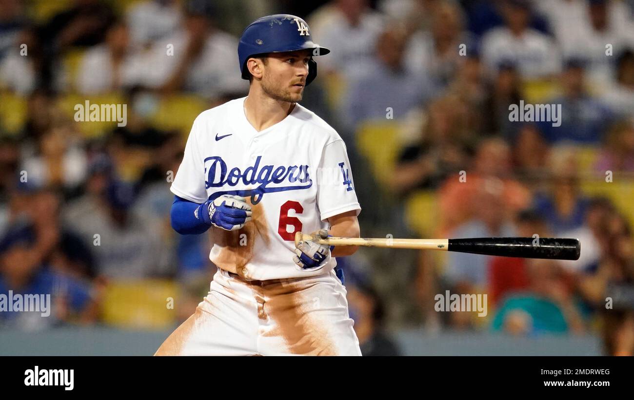 Los Angeles Dodgers' Trea Turner hits during a baseball game against ...