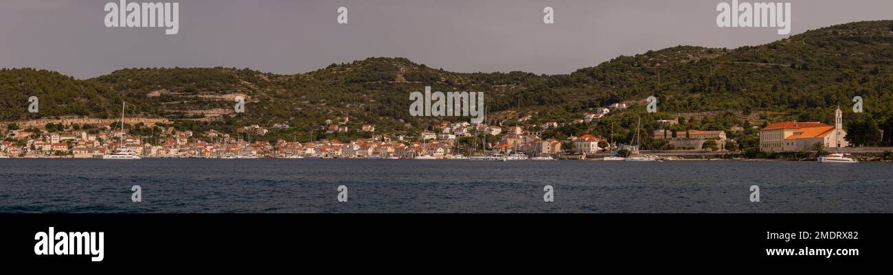 ISLAND OF VIS, CROATIA, EUROPE - Panorama view of Vis harbor waterfront ...