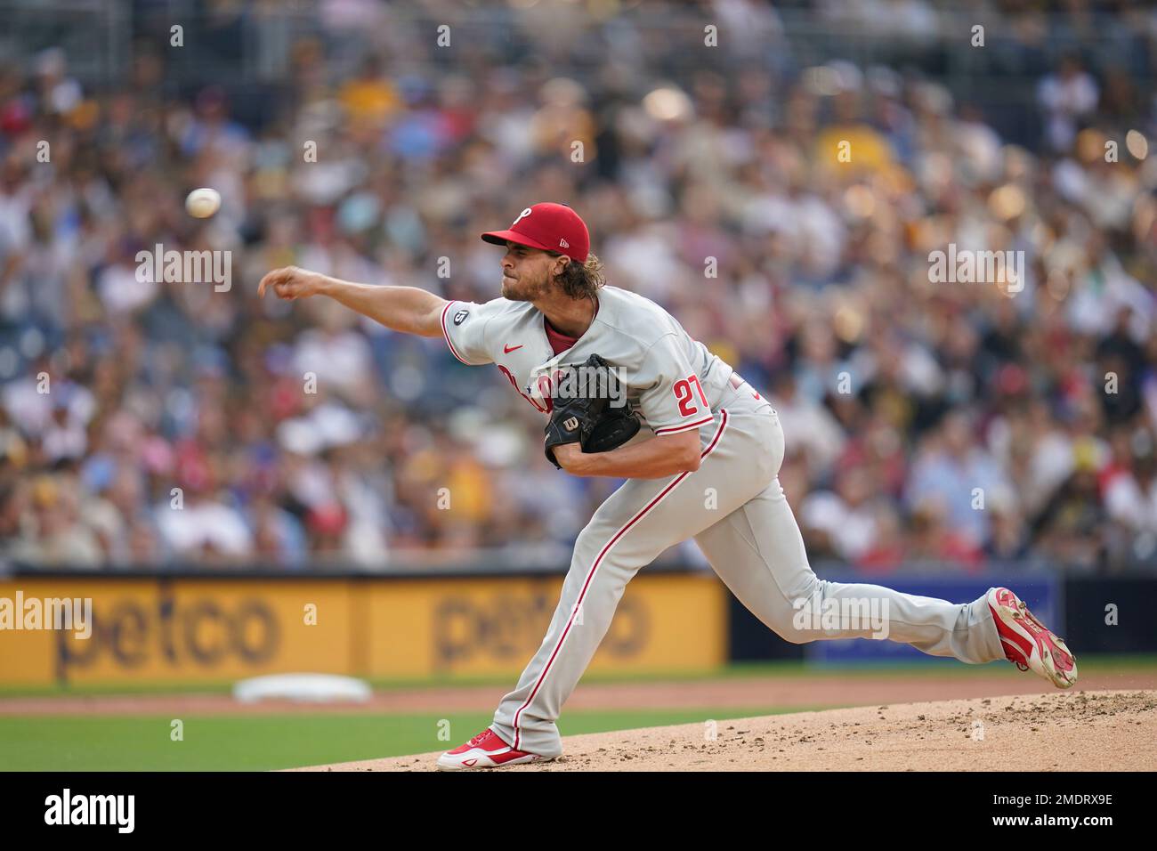 Philadelphia Phillies starting pitcher Aaron Nola works against a San ...