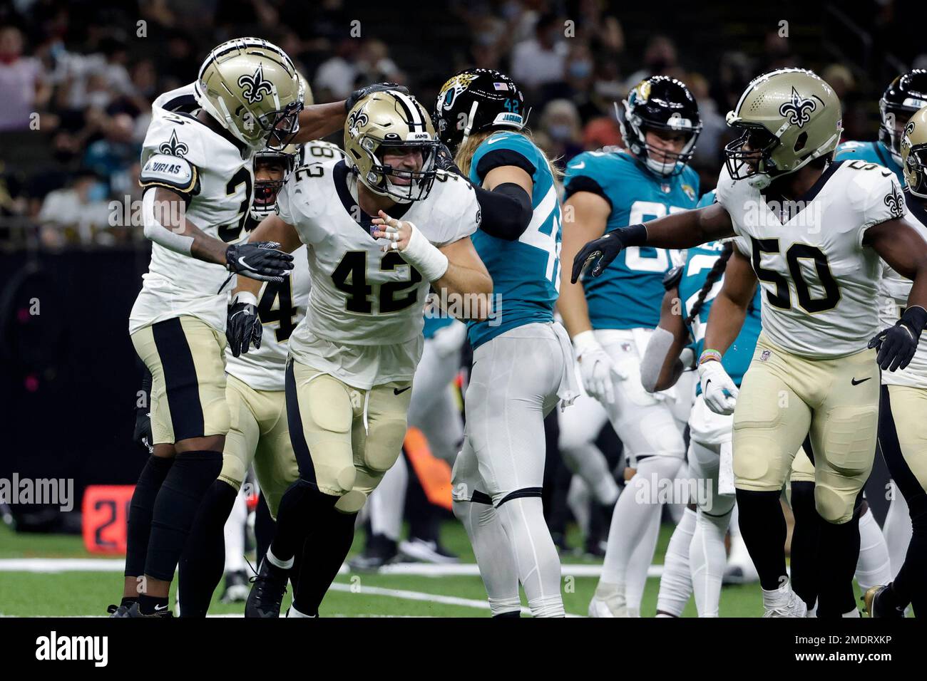 New Orleans Saints linebacker Chase Hansen (42) celebrates a defensive ...
