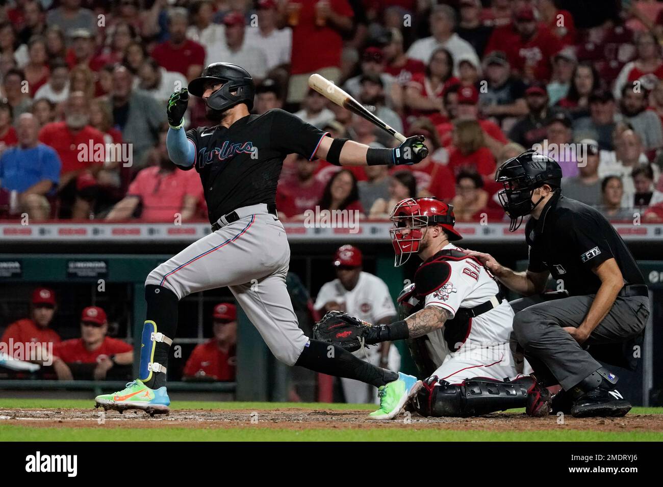 Miami Marlins' Miguel Rojas (19) takes an at bat during a baseball game ...