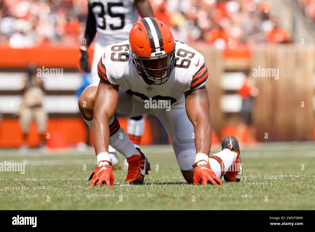 Cleveland Browns defensive end Cameron Malveaux (69) lines up for a ...