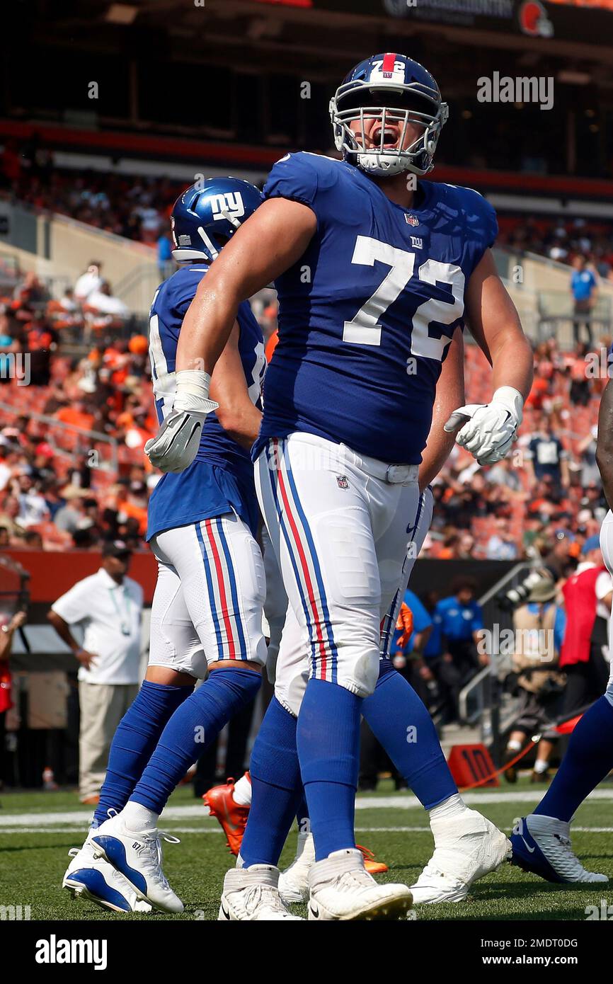 New York Giants offensive tackle Jackson Barton (72) reacts after a touchdown during an NFL ...