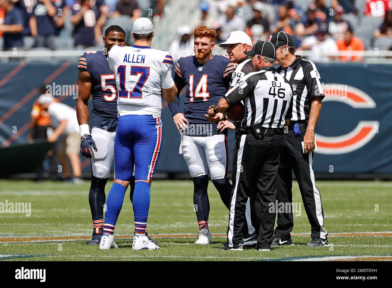 Referee Clete Blakeman (34) talks with Buffalo Bills quarterback Josh ...
