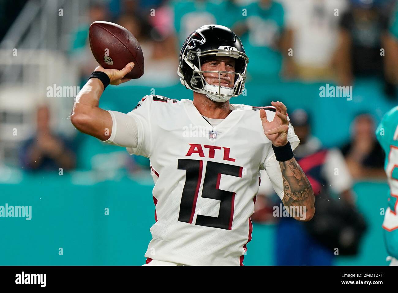 Atlanta Falcons quarterback Feleipe Franks (15) aims a pass during the ...