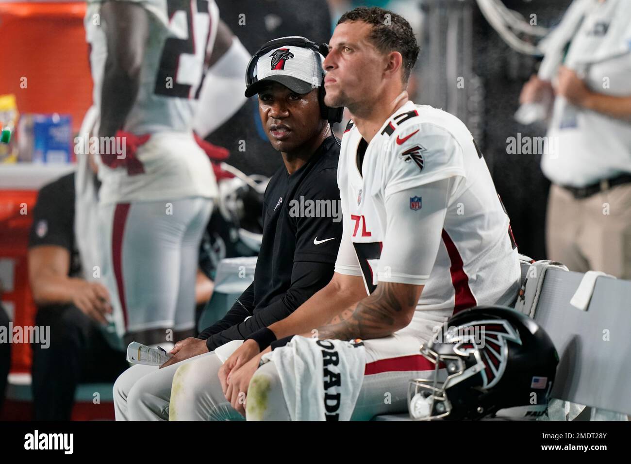 Atlanta Falcons quarterback Feleipe Franks (15) sits on the sidelines ...