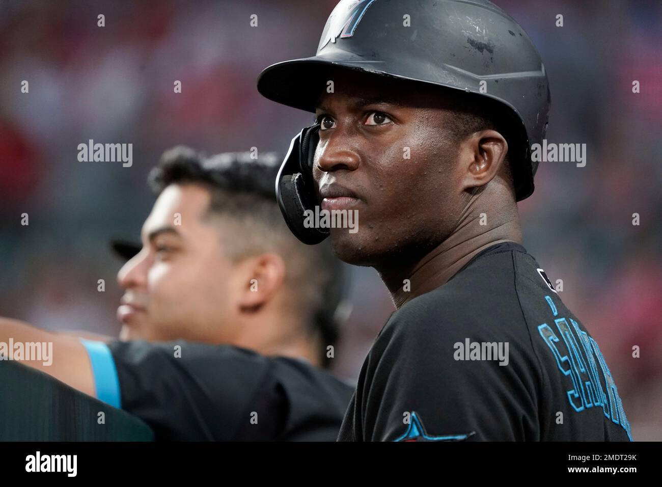 Miami Marlins' Jesus Sanchez (76) stands in the dugout during the sixth ...