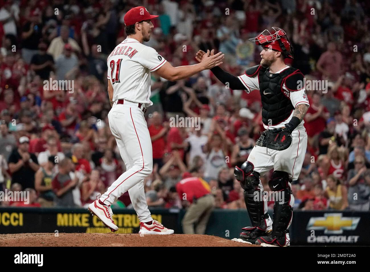 Cincinnati Reds relief pitcher Michael Lorenzen (21) celebrates with ...