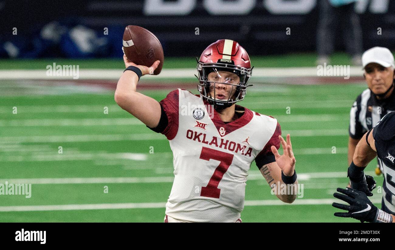 FILE - Oklahoma quarterback Spencer Rattler (7) throws a pass during an ...