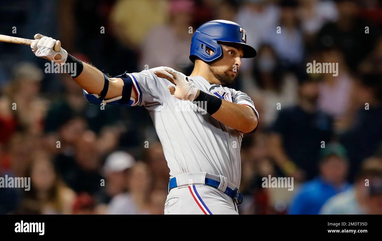 Texas Rangers' Nathaniel Lowe plays against the Boston Red Sox during ...