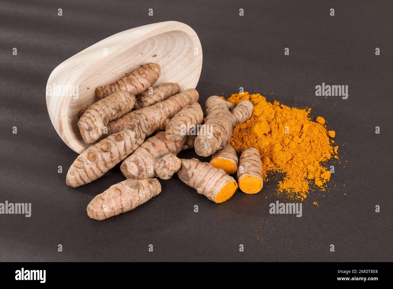 Turmeric - Curcuma longa root and turmeric powder; Photo on dark ...