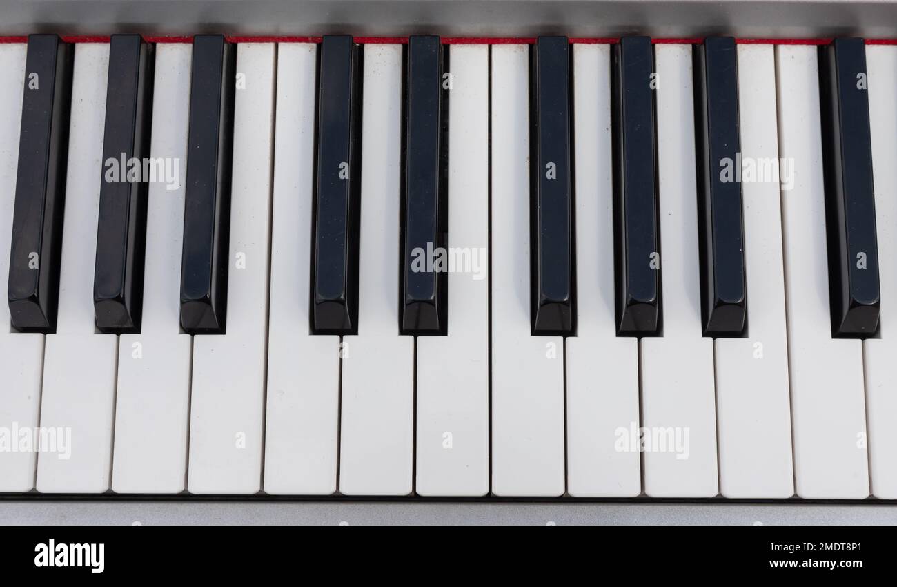 close-up of piano keys. close frontal view, black and white piano keys ...