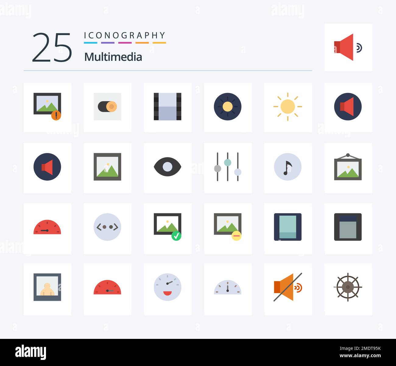 Multimedia 25 Flat Color icon pack including eye. photo. video. image. speaker Stock Vector ...