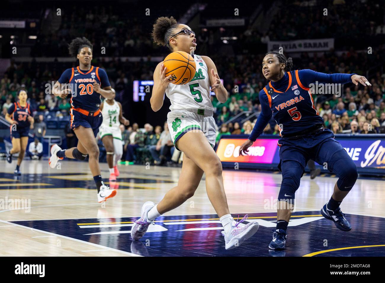 South Bend, Indiana, USA. 22nd Jan, 2023. Notre Dame guard Olivia Miles (5) drives to the basket ...