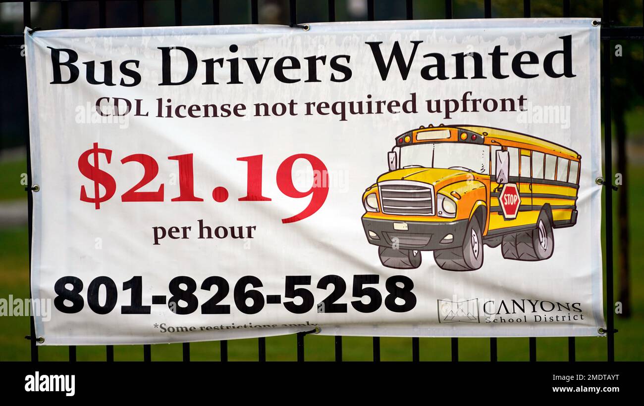 A "Bus Drivers Wanted" sign is shown Wednesday, Aug. 18, 2021, in Sandy ...