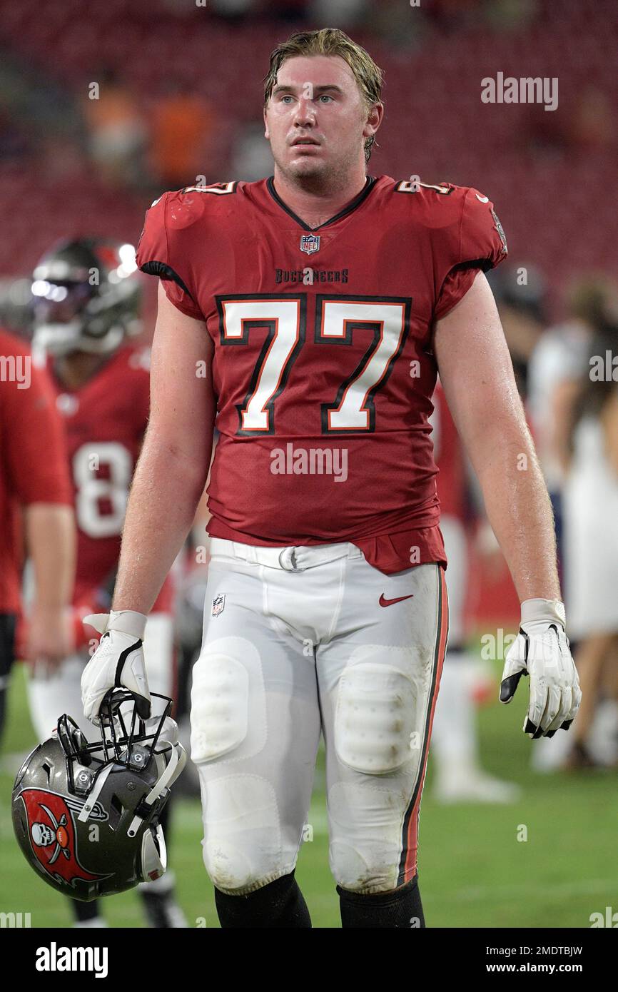 Tampa Bay Buccaneers offensive lineman Jake Benzinger (77) leaves the ...