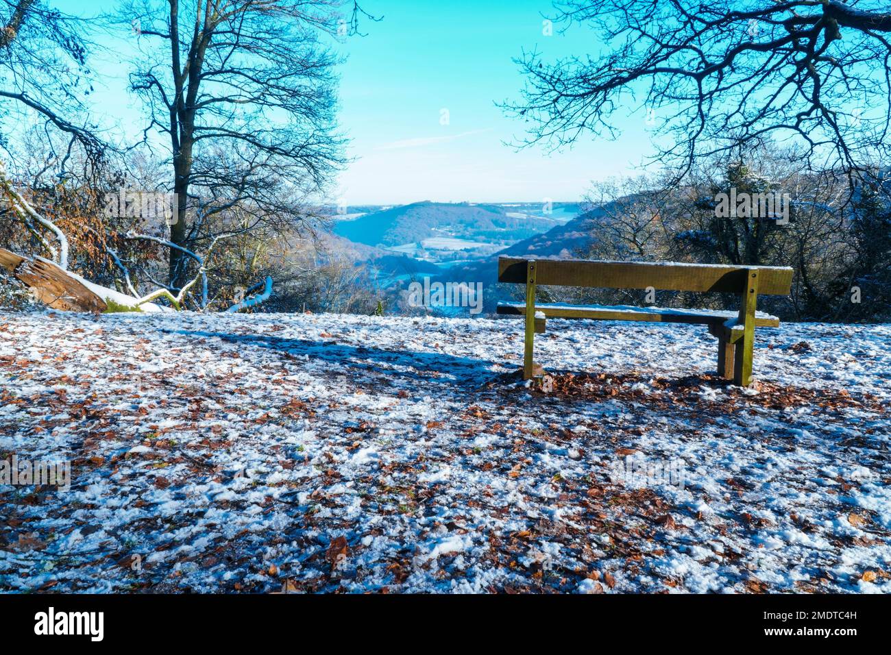Rest area with bench at a viewpoint along the Wye Valley walk above ...