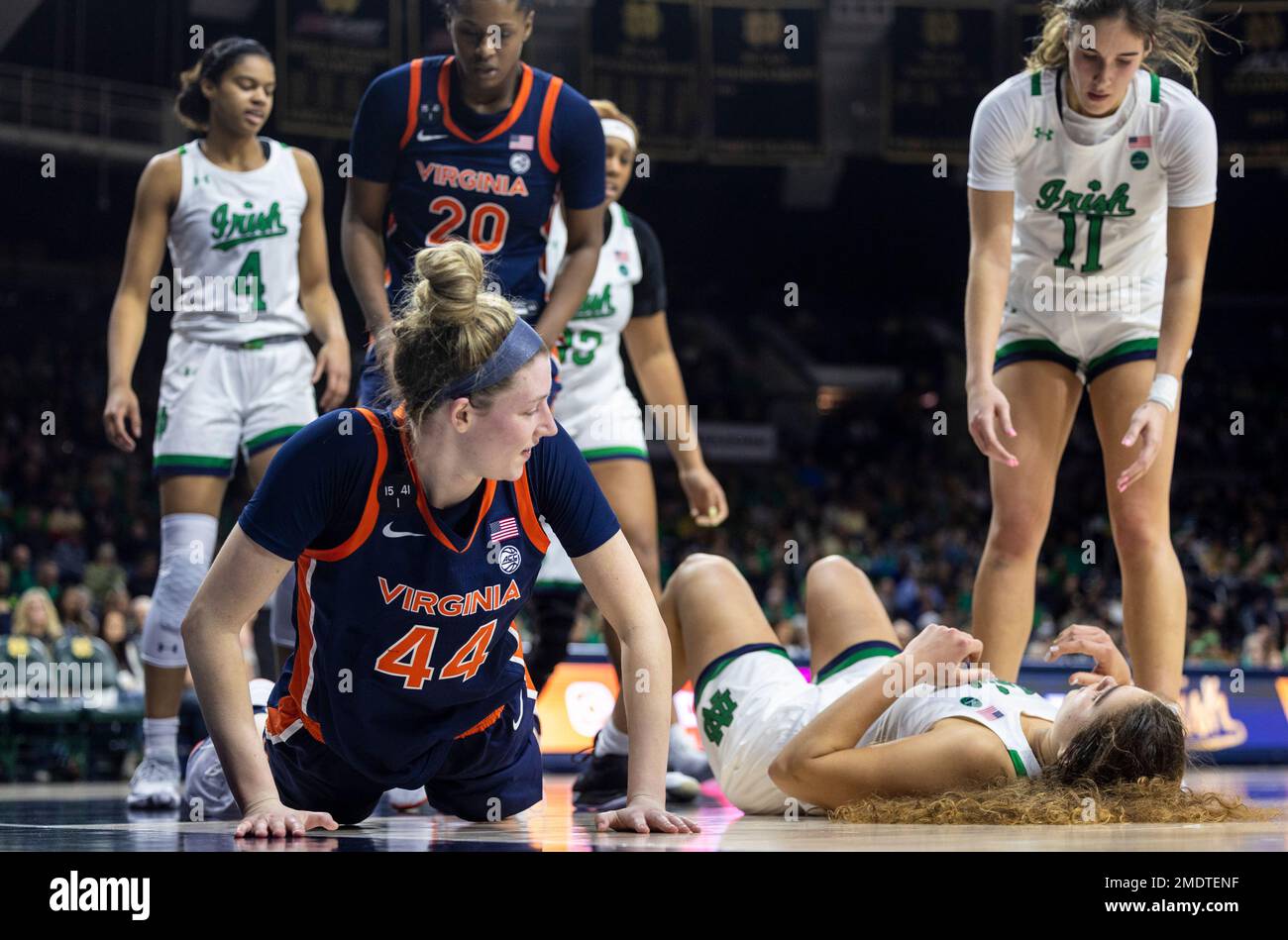 South Bend, Indiana, USA. 22nd Jan, 2023. Virginia guard McKenna Dale (44) and Notre Dame ...