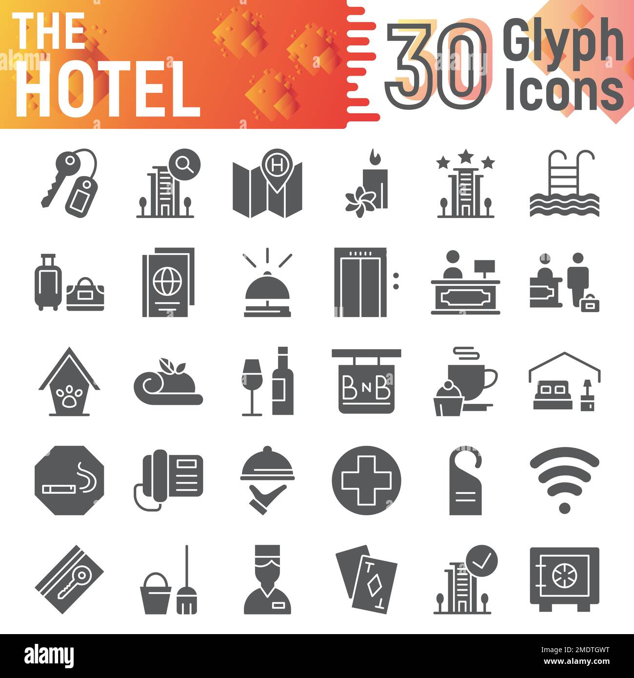 Hotel glyph icon set, service symbols collection, vector sketches, logo ...