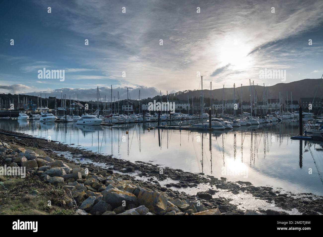 Conwy Marina boat moorings on the North Wales coast Stock Photo - Alamy