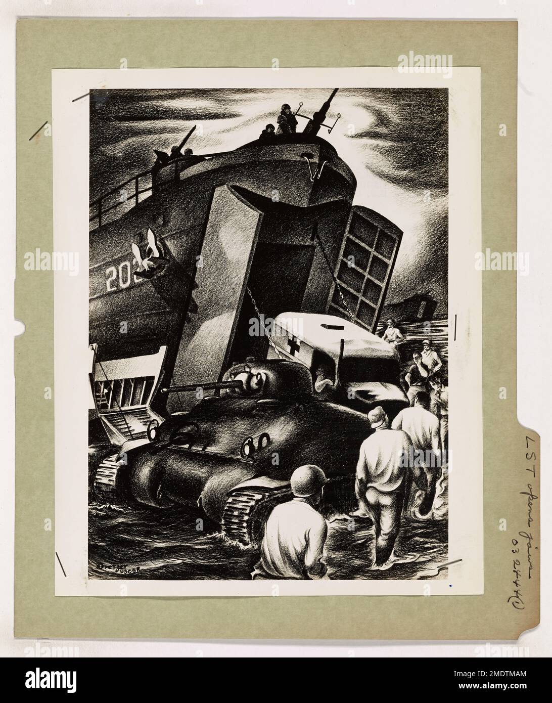 A Coast Guard combat artist, John S. Gretzer, illustrates an LST as it ...